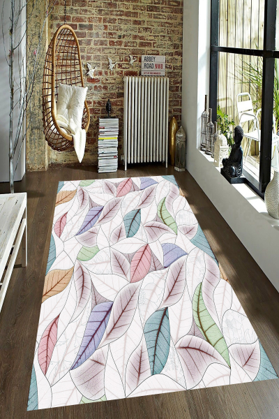 Pastel Tonlar Simetrik Yaprak Desenli Dijital Baskılı Halı